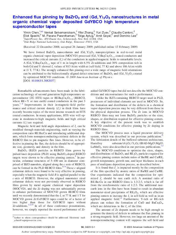 (PDF) Enhanced flux pinning by BaZrO3 and (Gd,Y)2O3 nanostructures in metal organic chemical ...