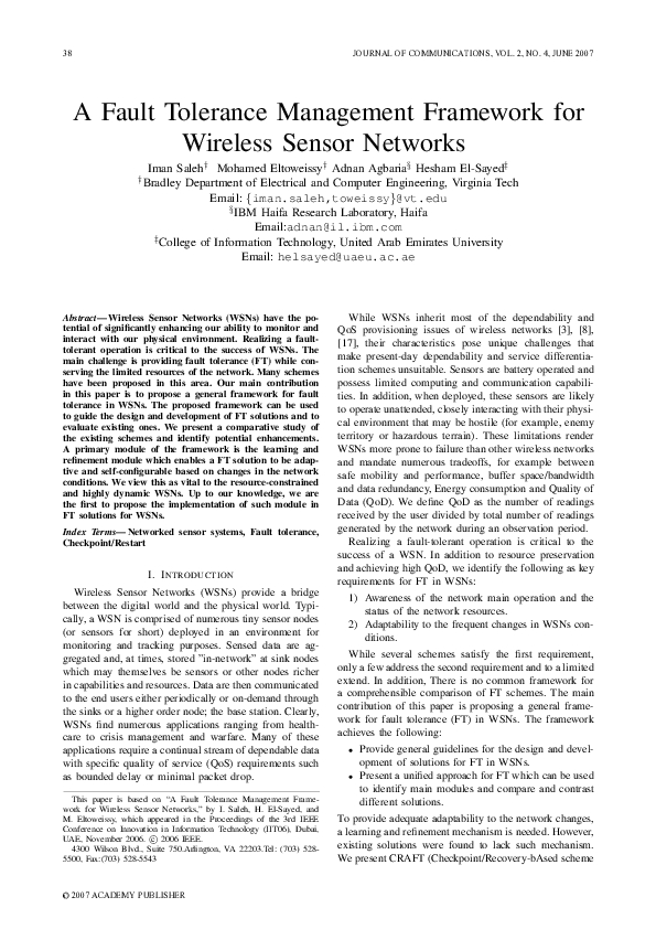 (PDF) A Fault Tolerance Management Framework for Wireless Sensor Networks | Hesham El Sayed ...