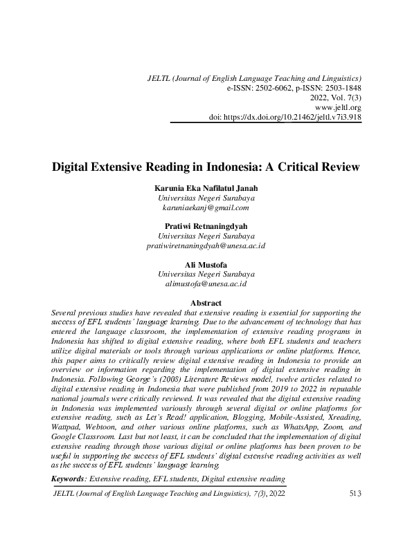 (PDF) Digital Extensive Reading in Indonesia: A Critical Review
