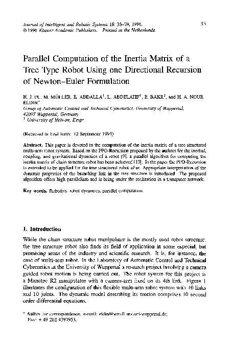 Pdf Parallel Computation Of The Inertia Matrix Of A Tree Type Robot Using One Directional