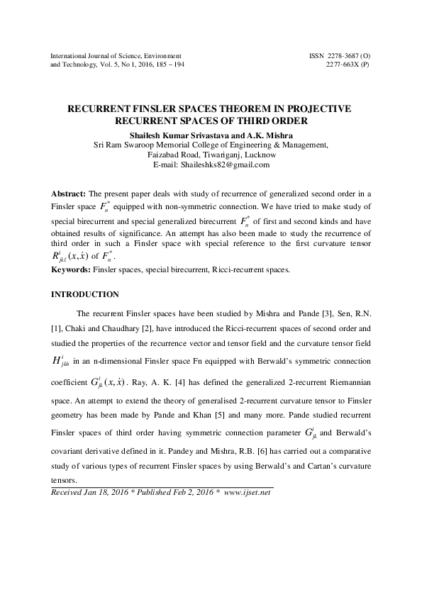 Pdf Recurrent Finsler Spaces Theorem In Projective Recurrent Spaces