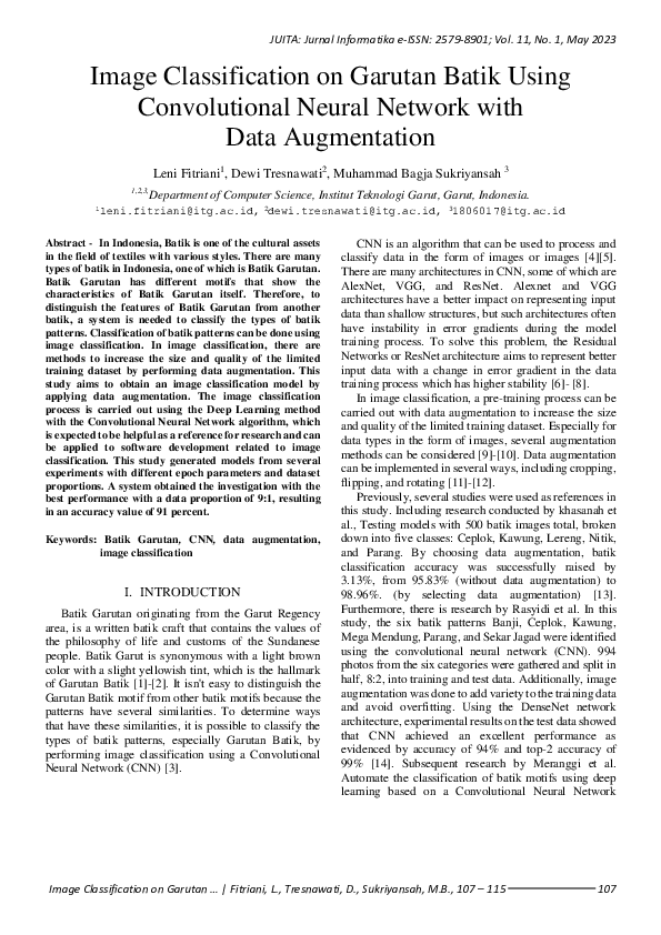 Image Classification On Garutan Batik Using Convolutional Neural Network with Data Augmentation