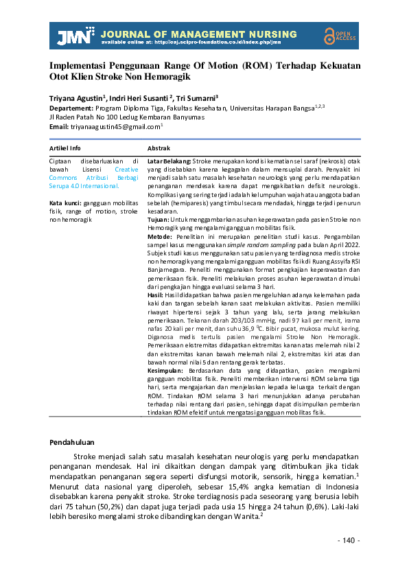 (PDF) Implementasi Penggunaan Range Of Motion (ROM) Terhadap Kekuatan Otot Klien Stroke Non ...