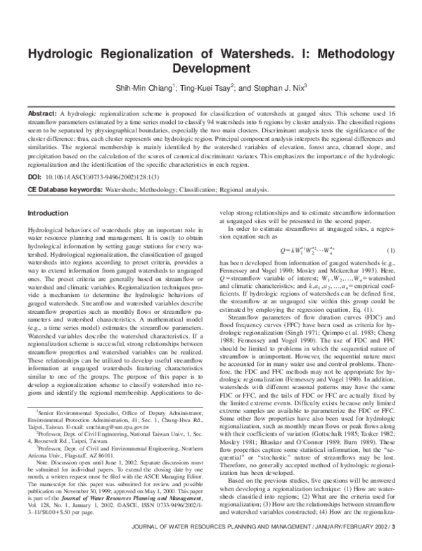 (PDF) Hydrologic Regionalization of Watersheds. I: Methodology Development