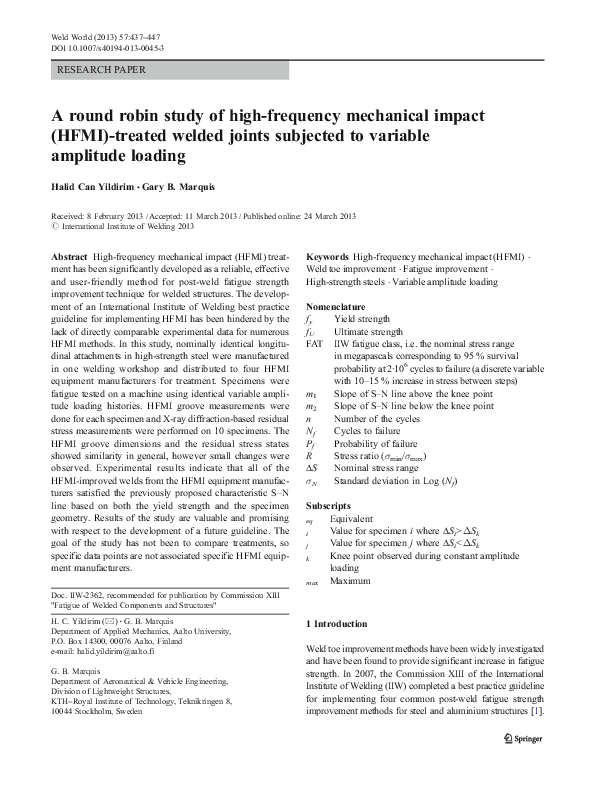 (PDF) A round robin study of high-frequency mechanical impact (HFMI)-treated welded joints ...