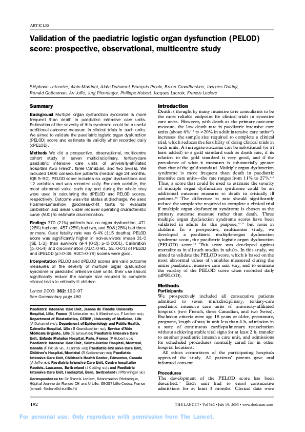 (PDF) Validation of the paediatric logistic organ dysfunction (PELOD ...