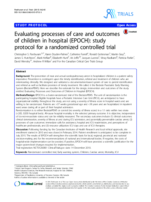 (PDF) Evaluating processes of care and outcomes of children in hospital (EPOCH): study protocol ...
