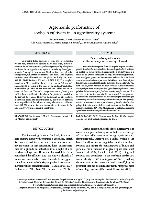 Pdf Agronomic Performance Of Soybean Cultivars In An Agroforestry System1