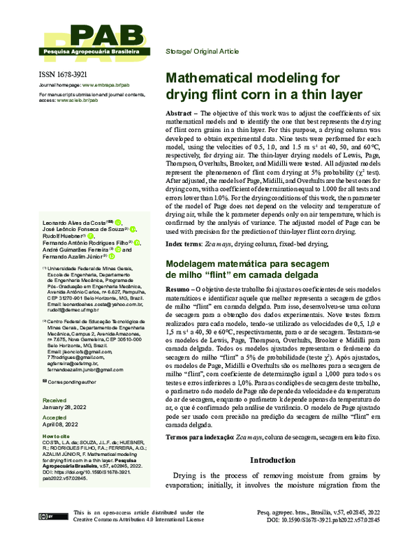 (PDF) Mathematical modeling for drying flint corn in a thin layer