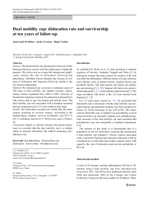 (PDF) Dual mobility cup: dislocation rate and survivorship at ten years ...