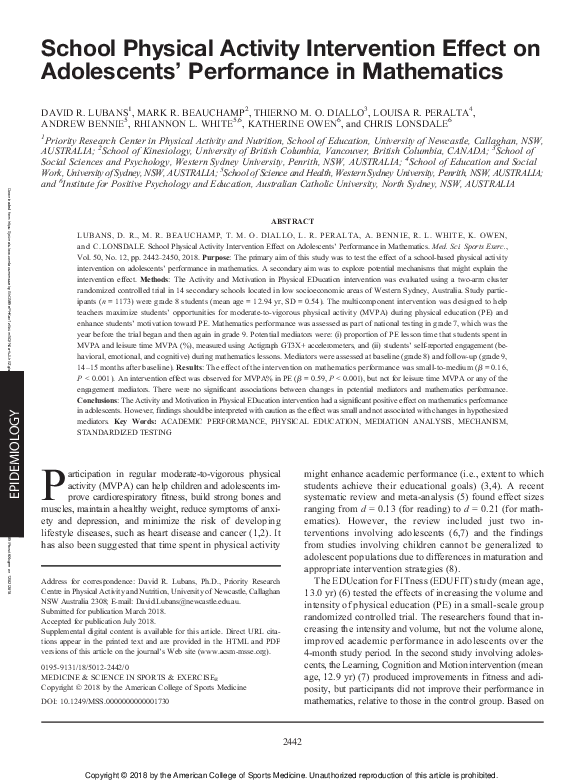 (PDF) School Physical Activity Intervention Effect on Adolescents' Performance in Maths