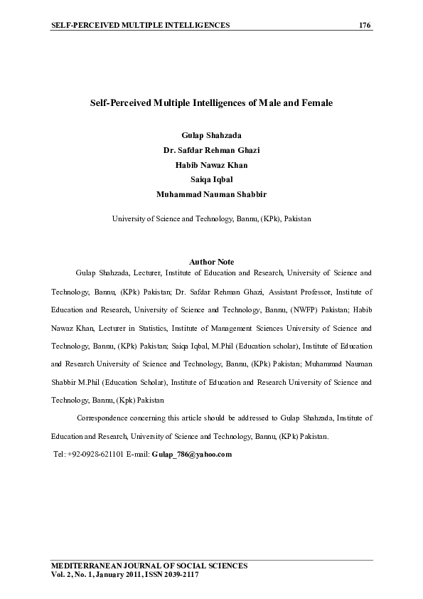 (PDF) Self-Perceived Multiple Intelligences of Male and Female