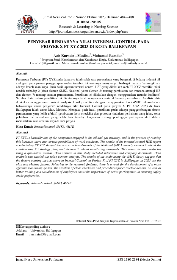 (PDF) Penyebab Rendahnya Nilai Internal Control Pada Proyek X PT XYZ ...