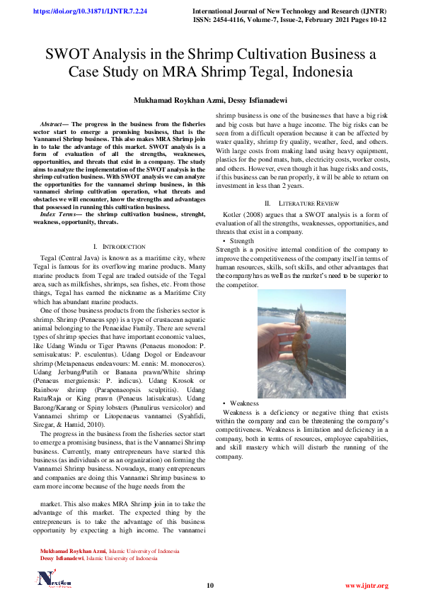 (PDF) SWOT Analysis in the Shrimp Cultivation Business a Case Study on ...