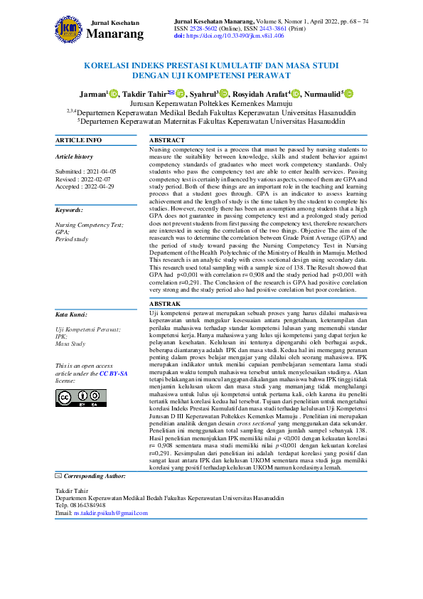 (PDF) Korelasi Indeks Prestasi Kumulatif dan Masa Studi dengan Uji Kompetensi Perawat