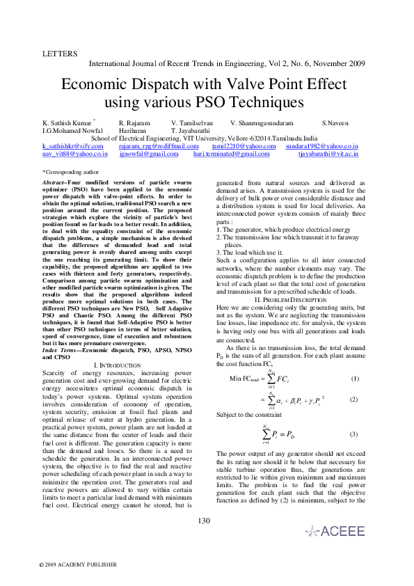 (PDF) Economic Dispatch with Valve Point Effect using various PSO Techniques K. Sathish Kumar