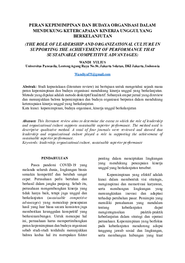 (PDF) PERAN KEPEMIMPINAN DAN BUDAYA ORGANISASI DALAM MENDUKUNG KETERCAPAIAN KINERJA UNGGUL YANG ...