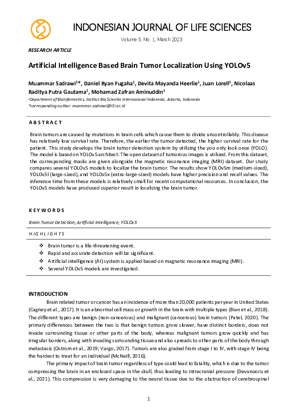 Pdf Artificial Intelligence Based Brain Tumor Localization Using Yolov5