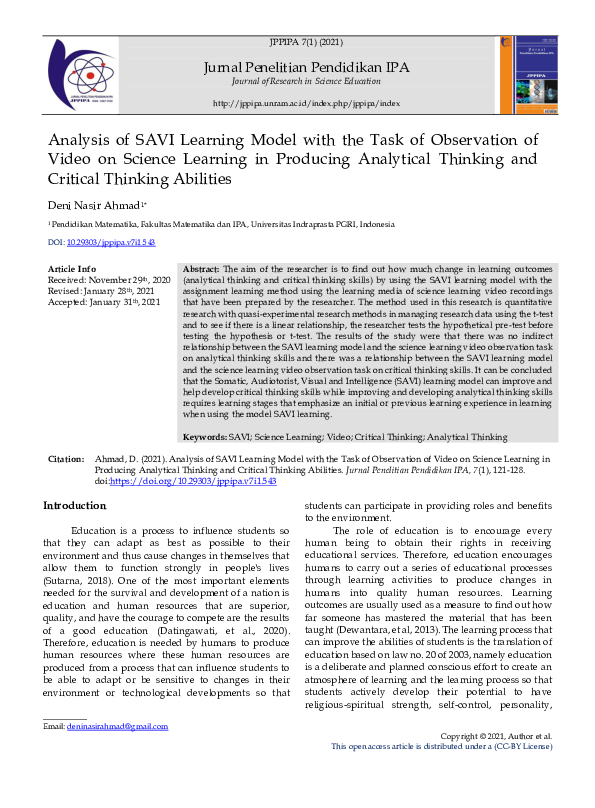 (PDF) Analysis of SAVI Learning Model with the Task of Observation of ...