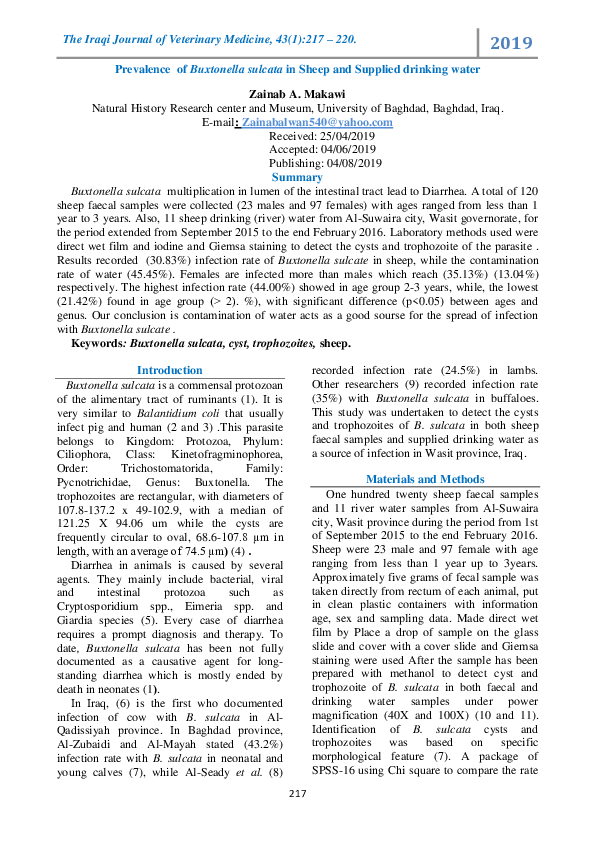 (PDF) Prevalence of Buxtonella sulcata in Sheep and Supplied drinking water