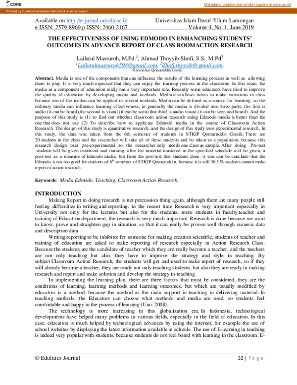 (PDF) The EFFECTIVENESS OF USING EDMODO IN ENHANCHING STUDENTS’ OUTCOMES IN ADVANCE REPORT OF ...