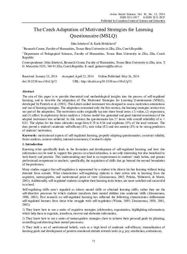 (PDF) The Czech Adaptation of Motivated Strategies for Learning ...