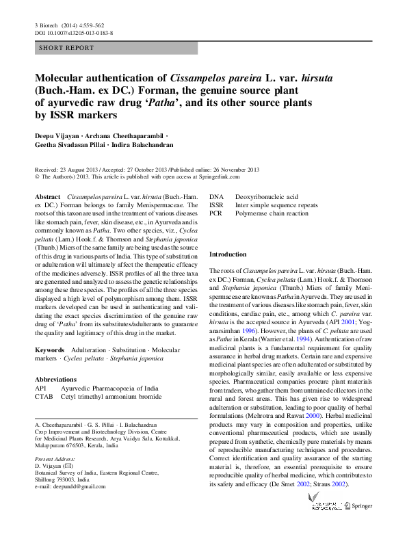 (PDF) Molecular authentication of Cissampelos pareira L. var. hirsuta ...