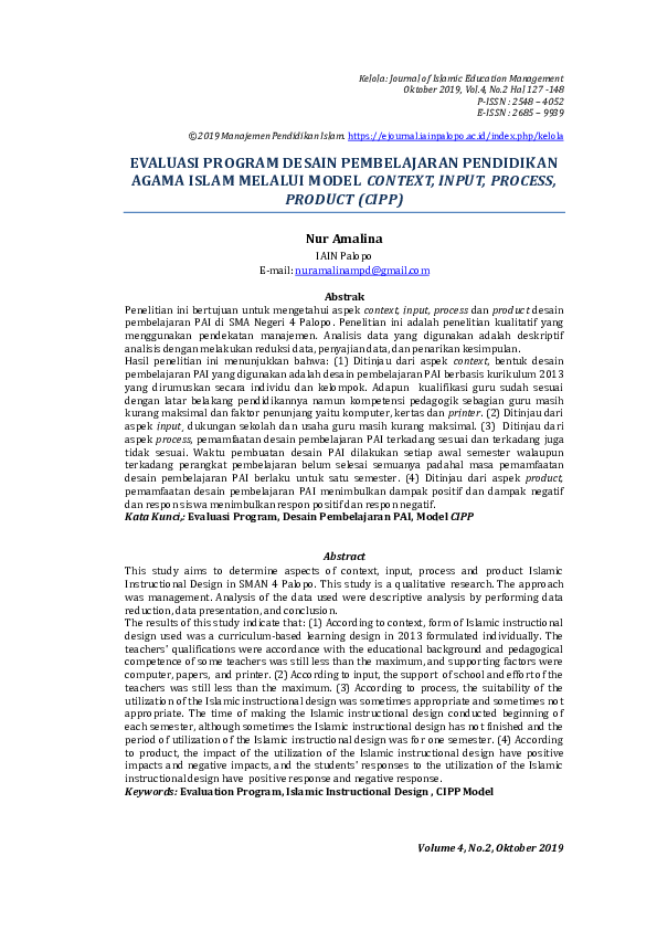 (PDF) Evaluasi Program Desain Pembelajaran Pendidikan Agama Islam Melalui Model Context, Input ...