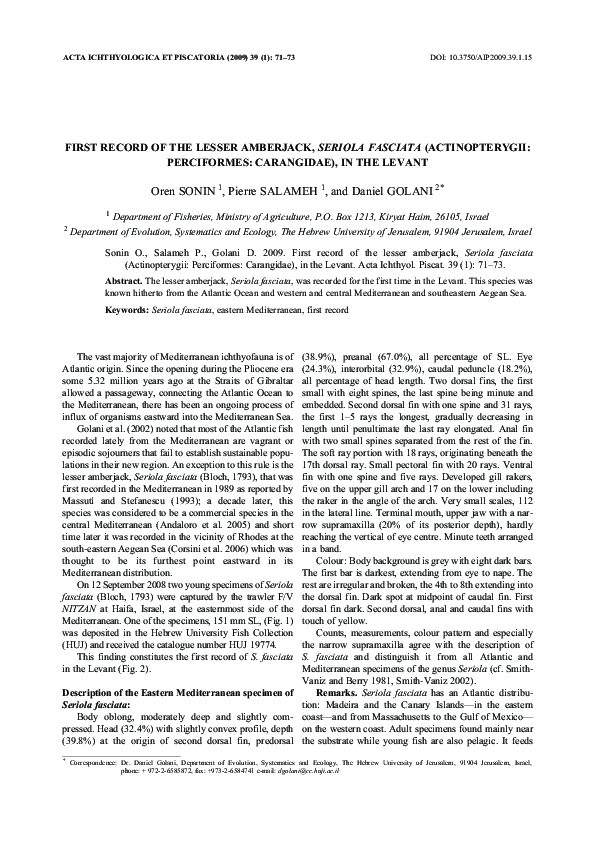 (PDF) First record of the lesser amberjack, Seriola fasciata ...