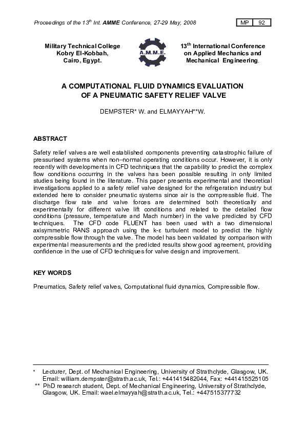Pdf A Computational Fluid Dynamics Evaluation Of A Pneumatic Safety Relief Valve Wael