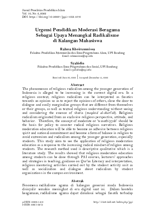 (PDF) Urgensi Pendidikan Moderasi Beragama Sebagai Upaya Menangkal Radikalisme di Kalangan Mahasiswa