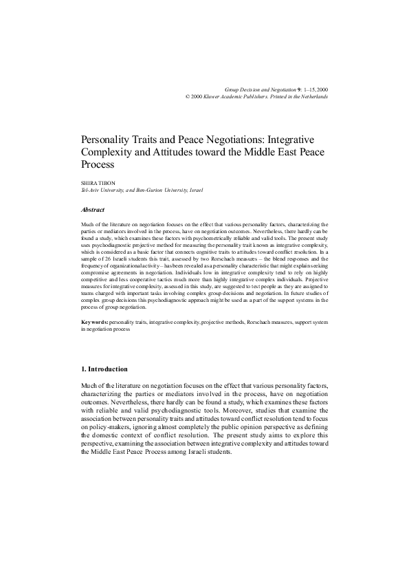 (PDF) Personality Traits and Peace Negotiations: Integrative Complexity and Attitudes toward the ...