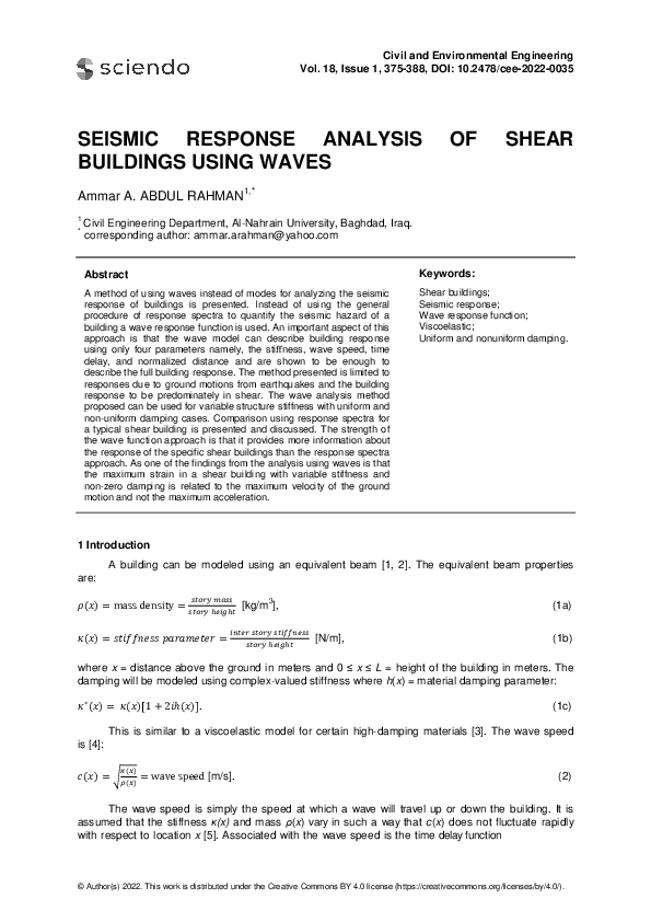 (PDF) Seismic Response Analysis of Shear Buildings Using Waves