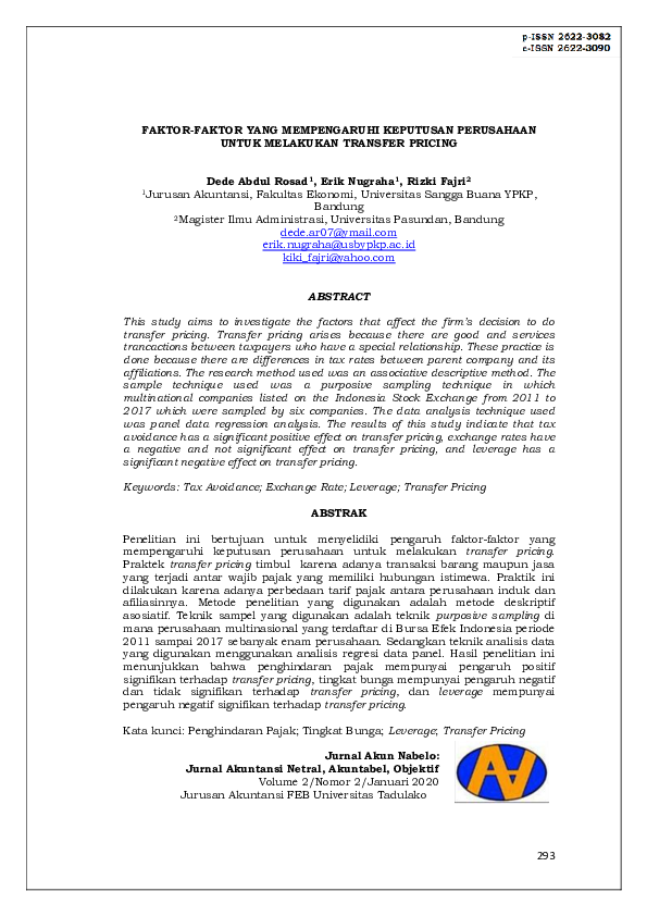 (PDF) Faktor-Faktor Yang Mempengaruhi Keputusan Perusahaan Untuk Melakukan Transfer Pricing