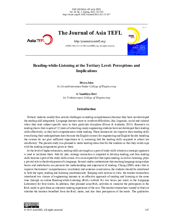 (PDF) Reading-while-Listening at the Tertiary Level: Perceptions and Implications