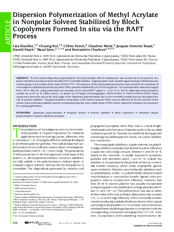 (PDF) Dispersion Polymerization of Methyl Acrylate in Nonpolar Solvent Stabilized by Block ...