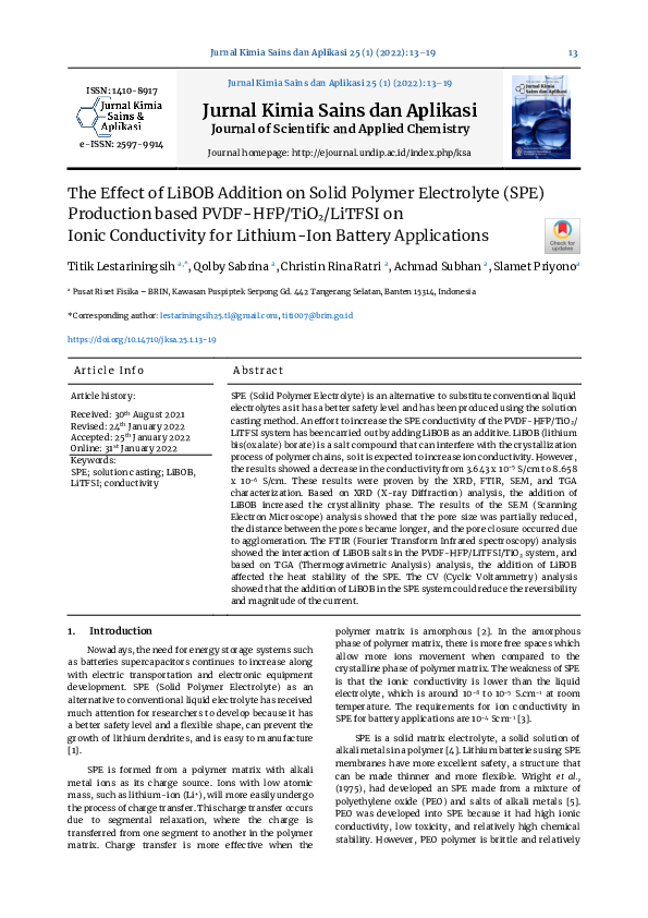 (PDF) The Effect of LiBOB Addition on Solid Polymer Electrolyte (SPE ...