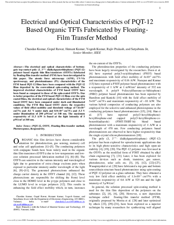 (PDF) Electrical and Optical Characteristics of PQT-12-Based Organic TFTs Fabricated by Floating ...