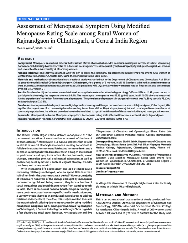 (PDF) Assessment of Menopausal Symptom Using Modified Menopause Rating ...