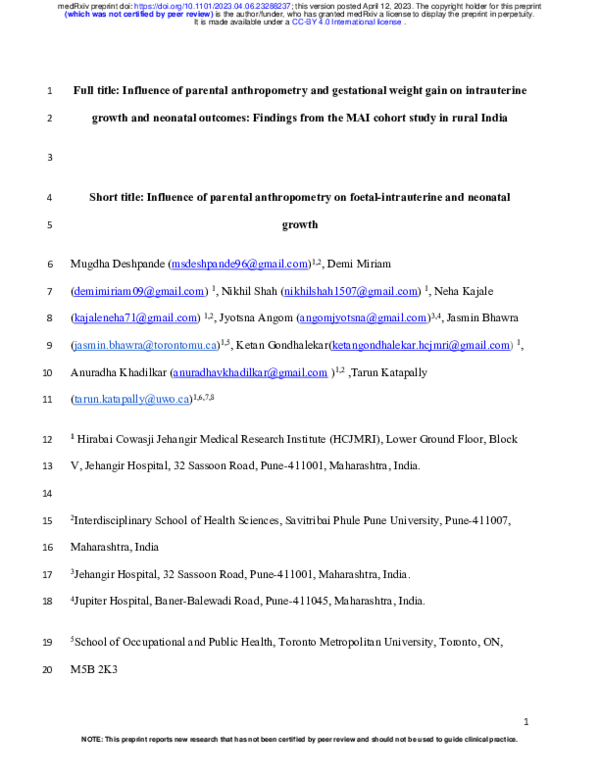 (PDF) Influence of parental anthropometry and gestational weight gain ...