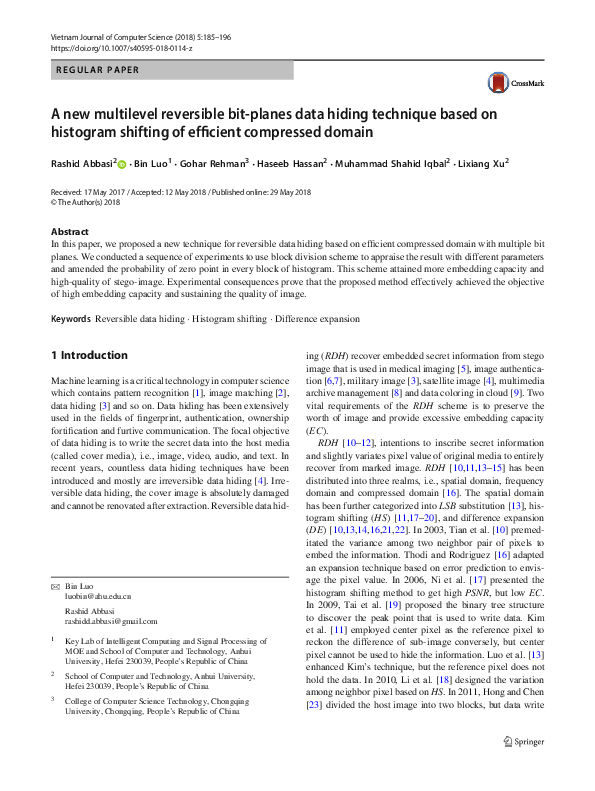 (PDF) A new multilevel reversible bit-planes data hiding technique based on histogram shifting ...