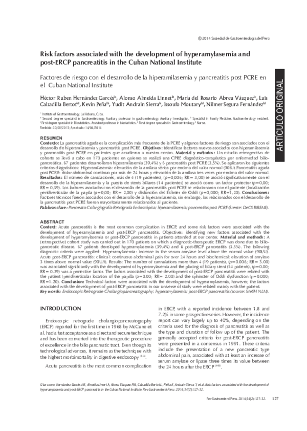 (PDF) Factores de riesgo con el desarrollo de la hiperamilasemia y pancreatitis post PCRE en el ...