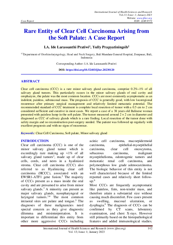 (PDF) Rare Entity of Clear Cell Carcinoma Arising from the Soft Palate ...