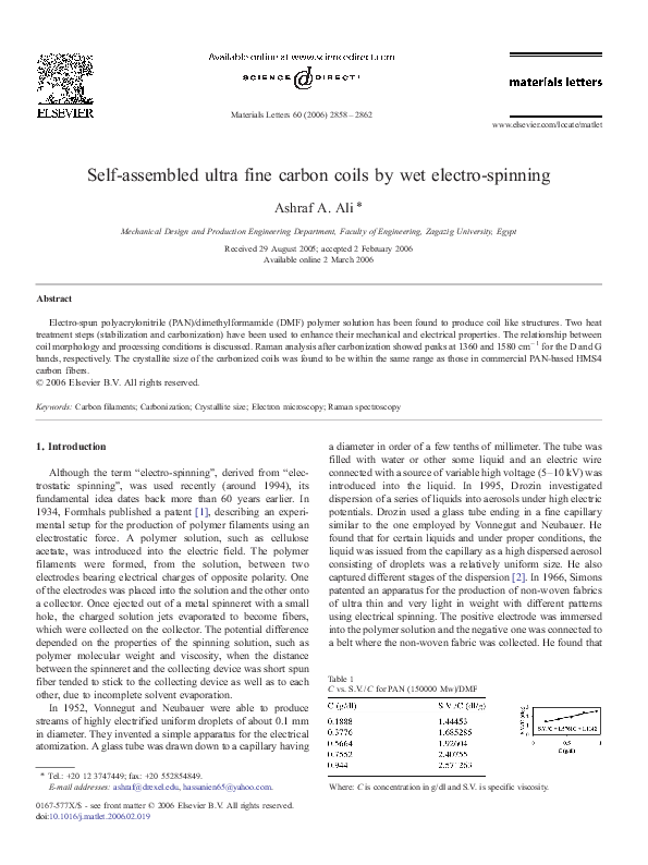 (PDF) Self-assembled ultra fine carbon coils by wet electro-spinning