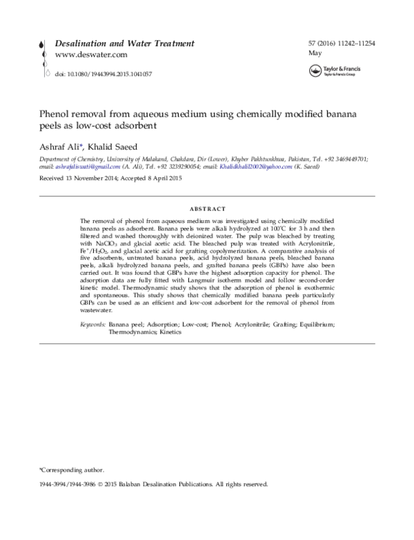 (PDF) Phenol removal from aqueous medium using chemically modified banana peels as low-cost ...