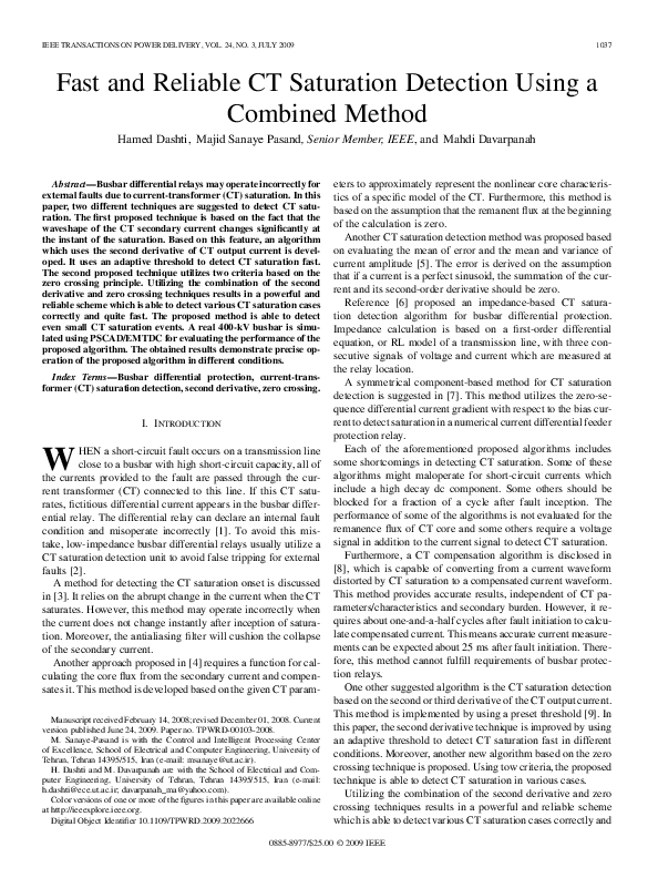 (PDF) Fast and Reliable CT Saturation Detection Using a Combined Method