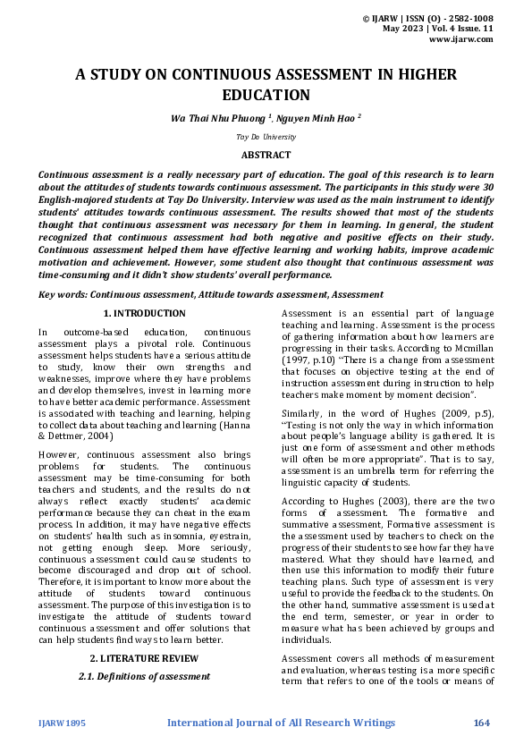 (PDF) A STUDY ON CONTINUOUS ASSESSMENT IN HIGHER EDUCATION