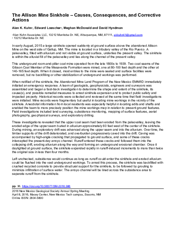 (PDF) The Allison Mine Sinkhole – Causes, Consequences, and Corrective ...