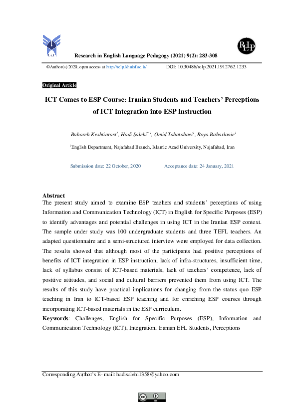 (PDF) ICT Comes to ESP Course: Iranian Students and Teachers’ Perceptions of ICT Integration ...