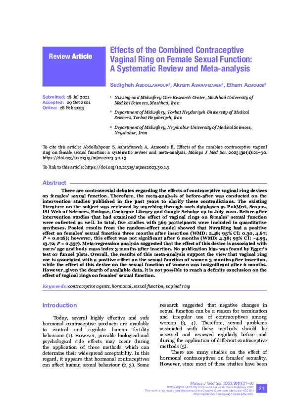 (PDF) Effects of the Combined Contraceptive Vaginal Ring on Female ...